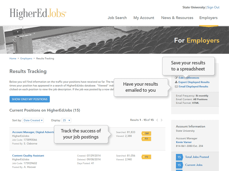 Sample Results Tracking Report - Employers - HigherEdJobs